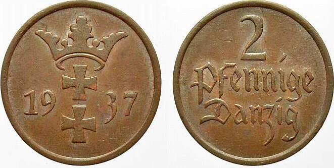 Danzig 2 Pfennige (Bronze) 1937 Fast vorzüglich | MA-Shops