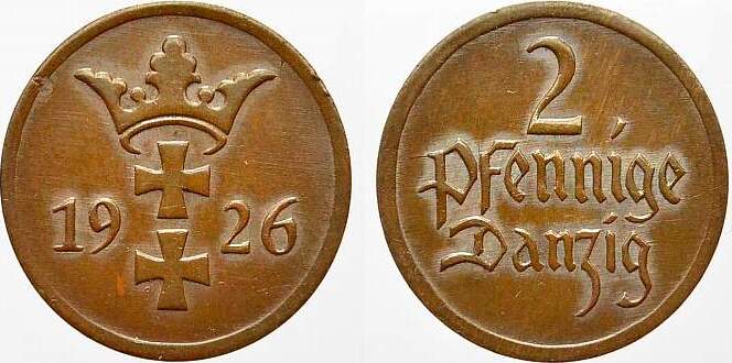 Danzig 2 Pfennige (Bronze) 1926 Fast vorzüglich von EA | MA-Shops