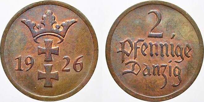Danzig 2 Pfennige (Bronze) 1926 Vorzüglich+ | MA-Shops