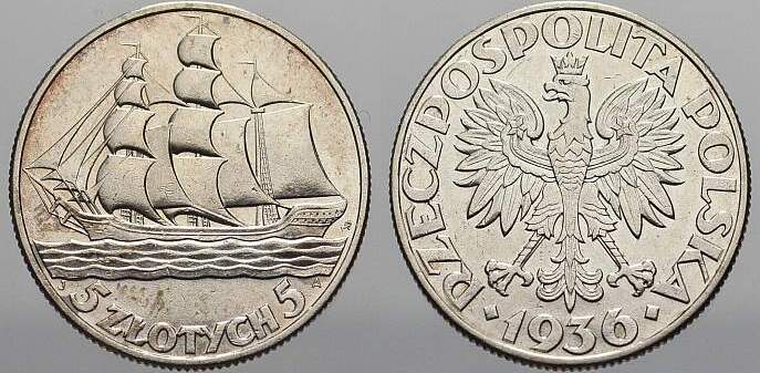 Polen-Republik 1918-1939 5 Zlotych 1936 Republik Polen 1918-1939. Vorzüglich | MA-Shops