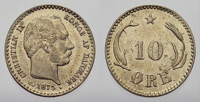 Dänemark 10 Ore 1875 Christian IX. 1863-1906. Fast vorzüglich | MA-Shops