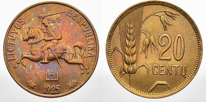 Litauen 20 Centu 1925 Republik seit 1991. Vorzüglich | MA-Shops