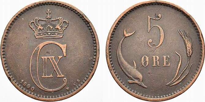 Dänemark 5 Ore 1890 Christian IX. 1863-1906. Selten. Kl. Randfehler ...