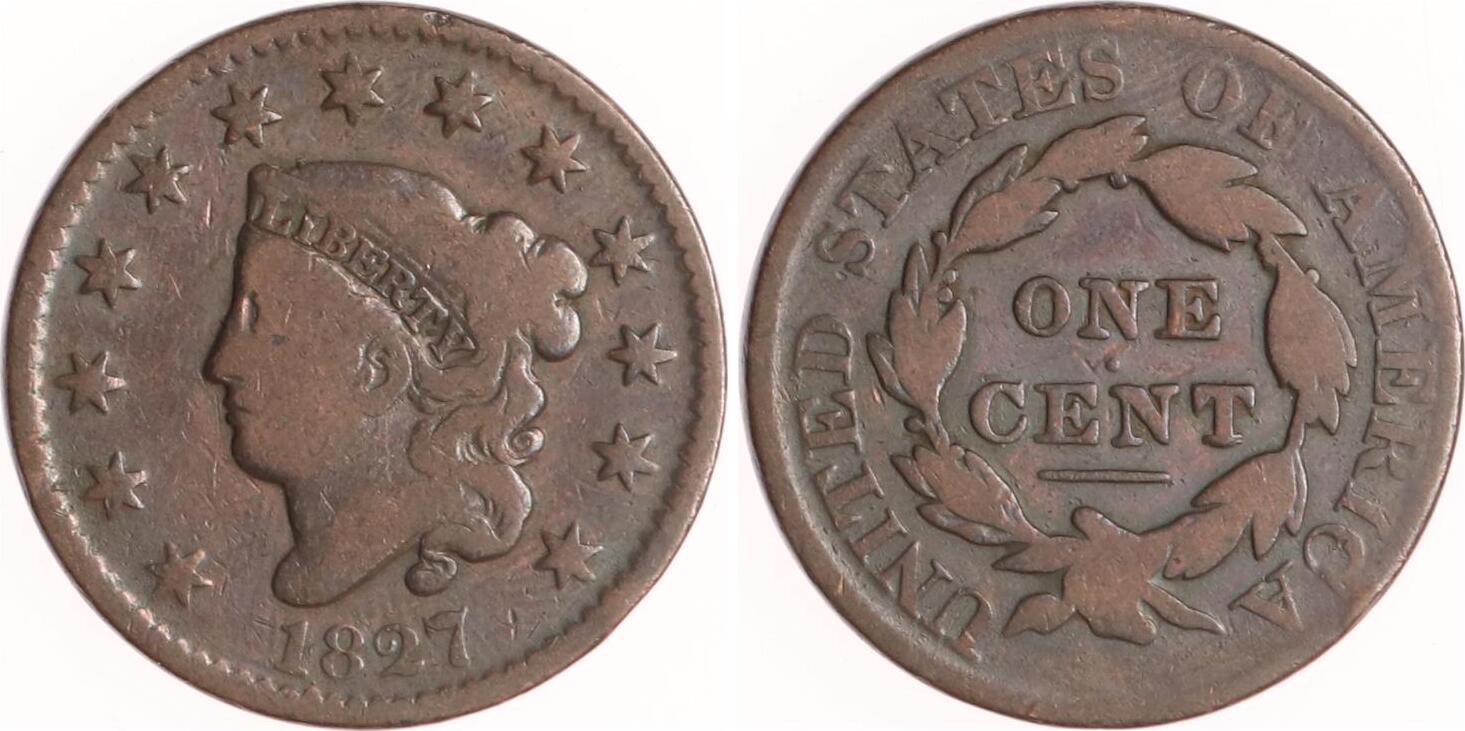 USA One Cent 1827 Coronet. Fast sehr schön | MA-Shops