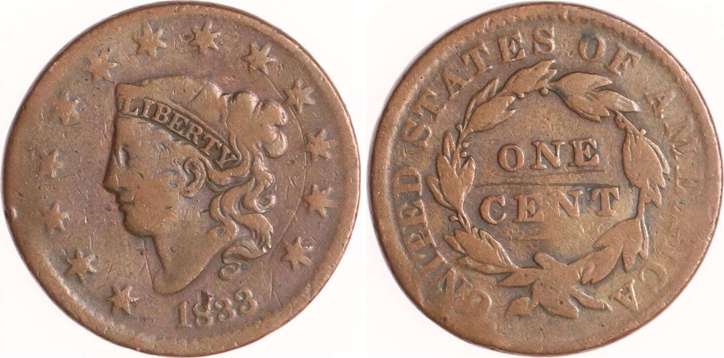 USA One Cent 1833 Coronet. Schön/Sehr schön | MA-Shops
