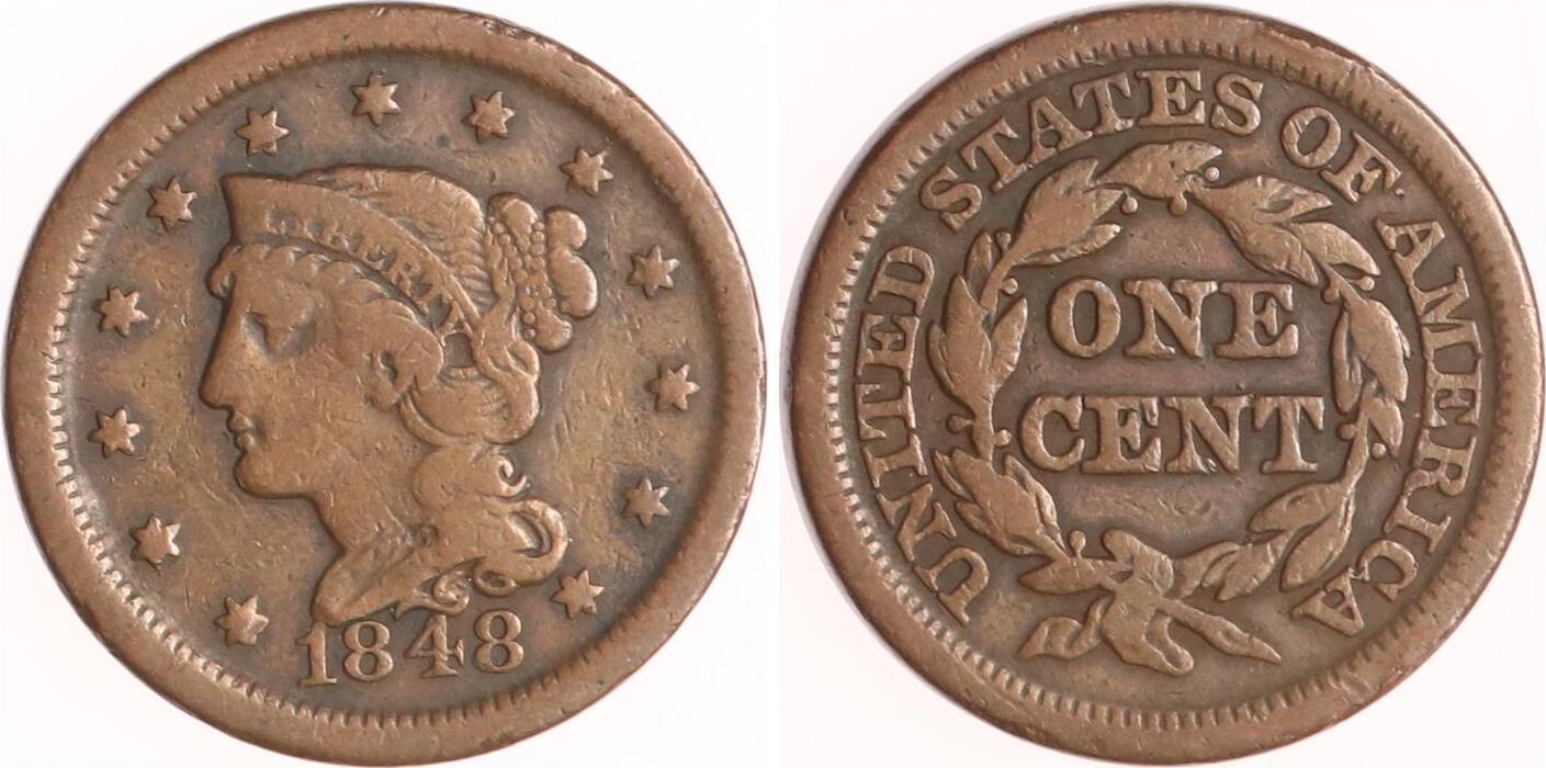 USA One Cent 1848 Braided Hair. Sehr schön | MA-Shops