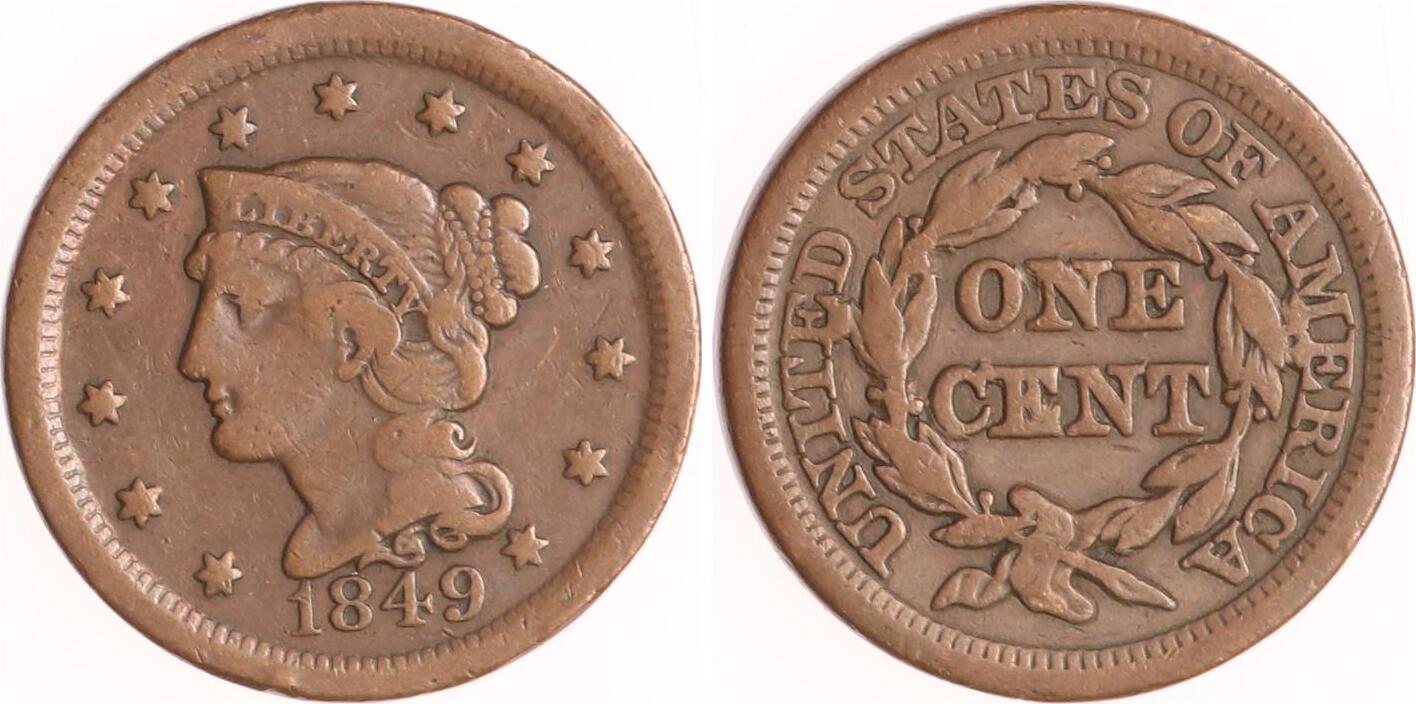 USA One Cent 1849 Braided Hair. Sehr schön | MA-Shops