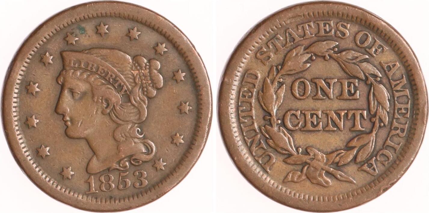 USA One Cent 1853 Braided Hair. Sehr schön | MA-Shops