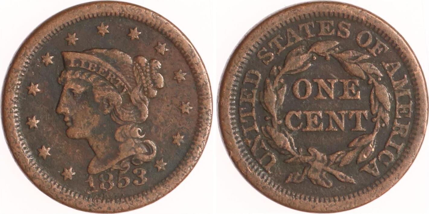 USA One Cent 1853 Braided Hair. Fast sehr schön | MA-Shops