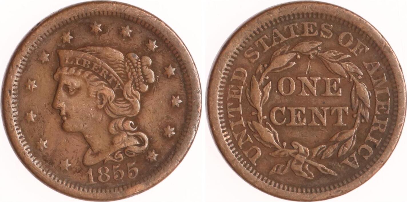 USA One Cent 1855 Braided Hair. Sehr schön | MA-Shops