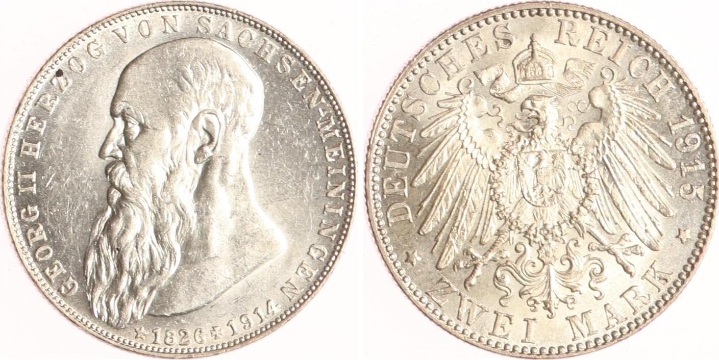 Sachsen-Meiningen 2 Mark 1915 (D) Georg II. 1866-1914. Vorzüglich - Stempelglanz | MA-Shops