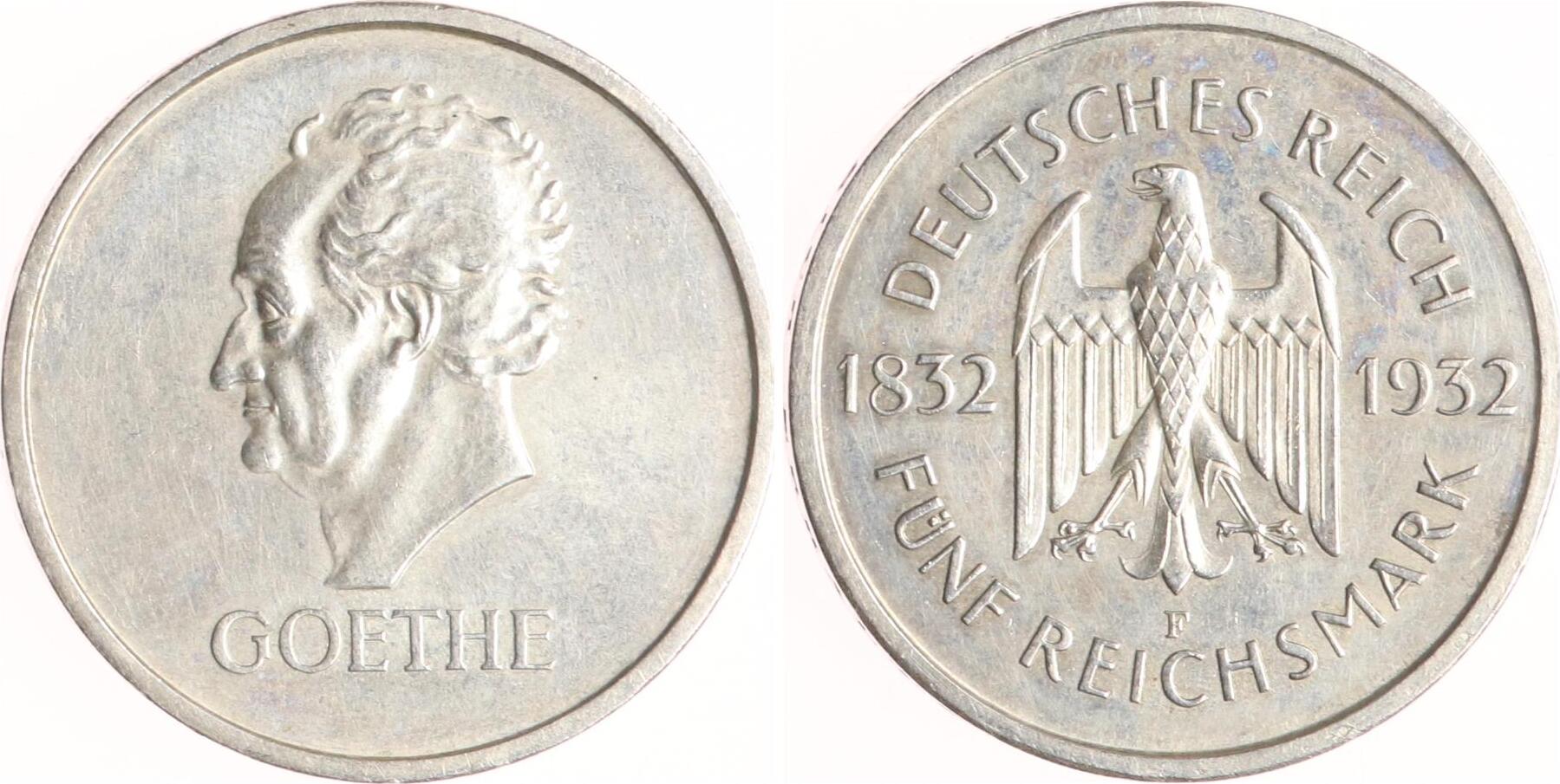Weimarer Republik 5 Reichsmark 1932 F Goethe. Vorzüglich | MA-Shops