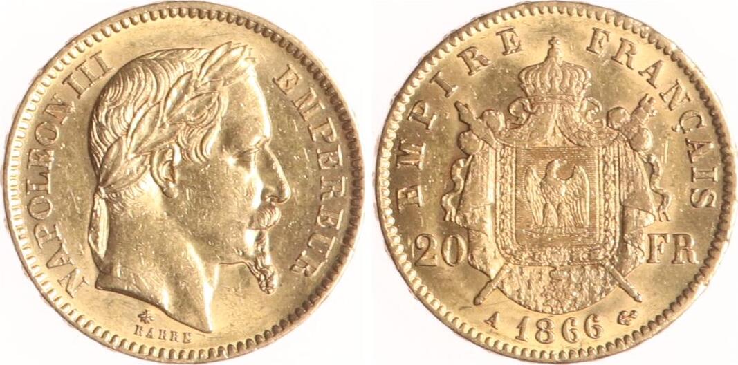 Frankreich 20 Francs 1866 A Napoleon III. 1852-1870. Vorzüglich | MA-Shops