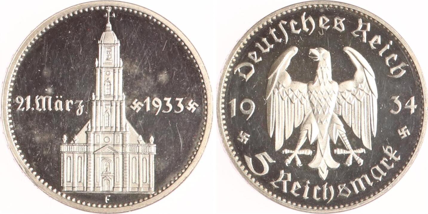 Drittes Reich 5 Reichsmark 1934 F Garnisonkirche mit Datum. Polierte ...