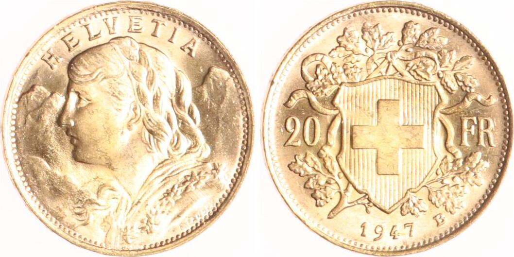 Schweiz 20 Franken 1947 Vreneli. Vorzüglich - Stempelglanz | MA-Shops