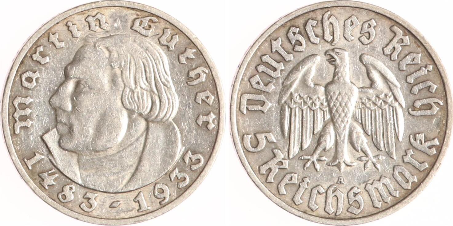 Drittes Reich 5 Reichsmark 1933 A Martin Luther. Sehr schön | MA-Shops