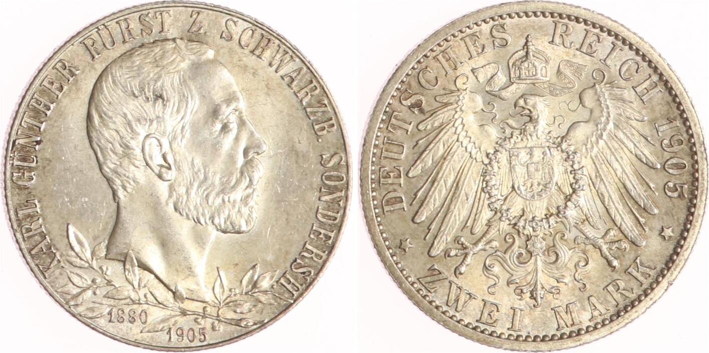 Schwarzburg-Sondershausen 2 Mark 1905 (A) Karl Günther 1880-1909. Vorzüglich - Stempelglanz | MA ...