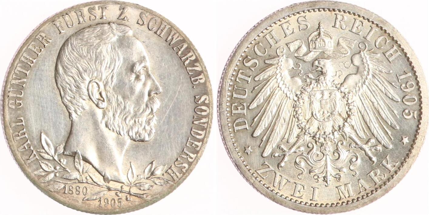 Schwarzburg-Sondershausen 2 Mark 1905 (A) Karl Günther 1880-1909. Vorzüglich | MA-Shops