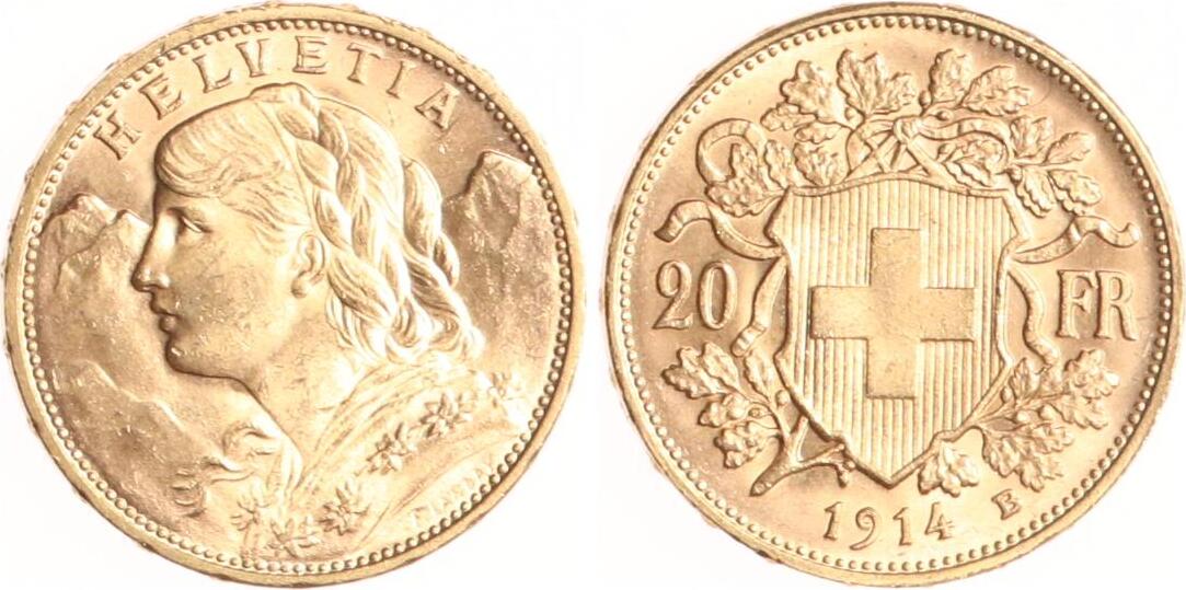Schweiz 20 Franken 1914 Vreneli. Vorzüglich - Stempelglanz | MA-Shops