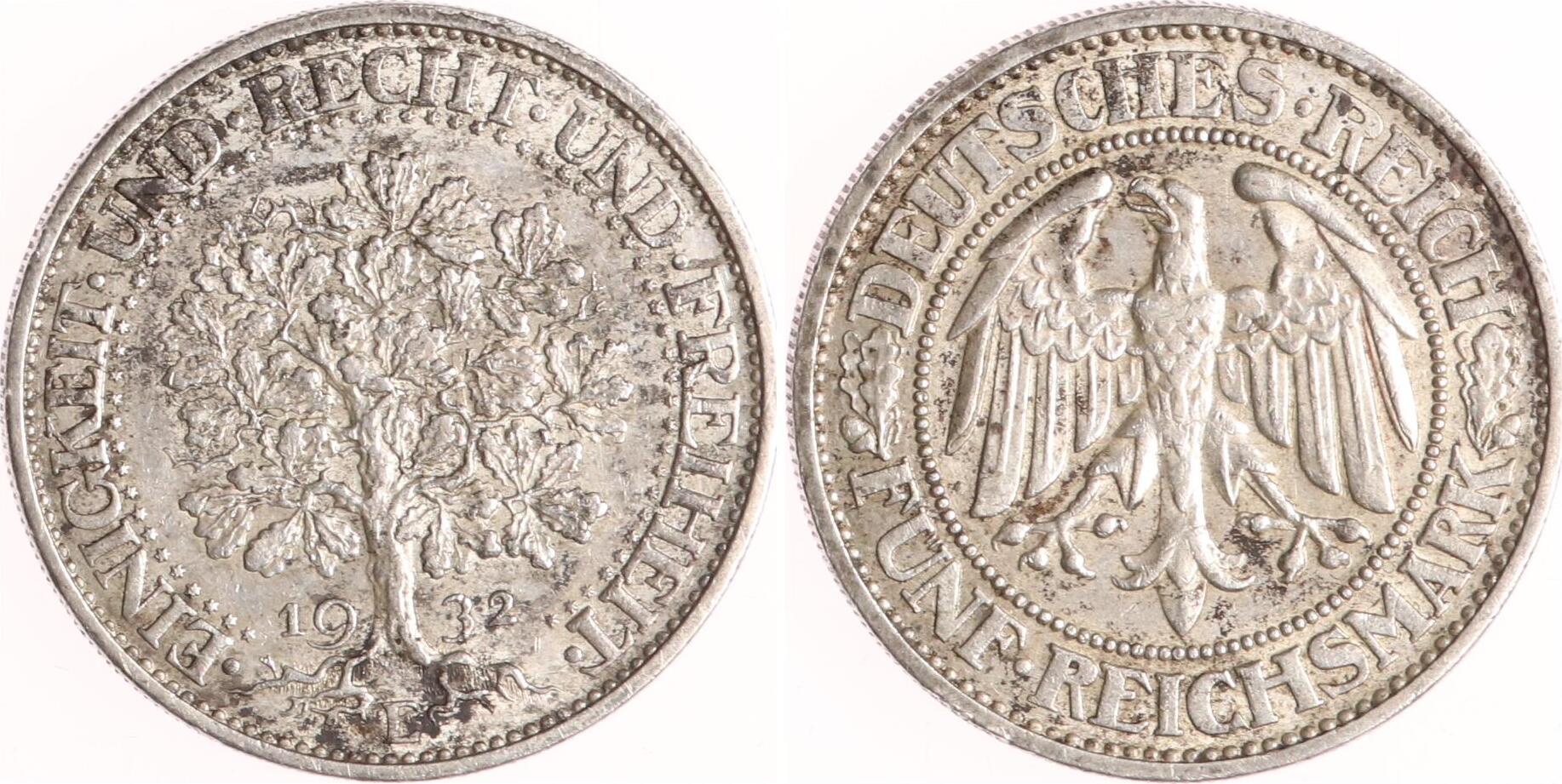 Weimarer Republik 5 Reichsmark 1932 E Eichbaum. Sehr schön | MA-Shops