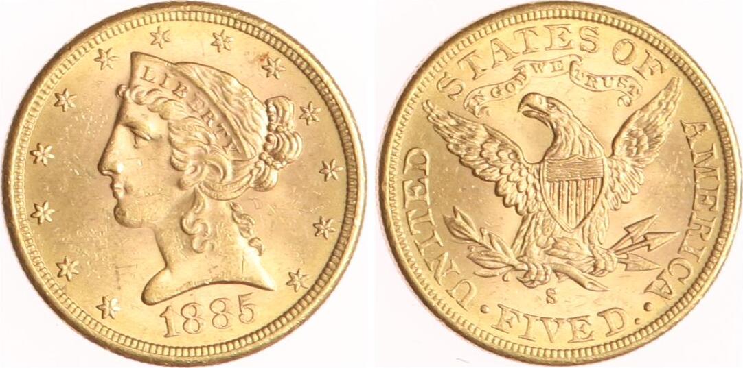 USA 5 Dollars 1885 S Coronet Head. Vorzüglich | MA-Shops