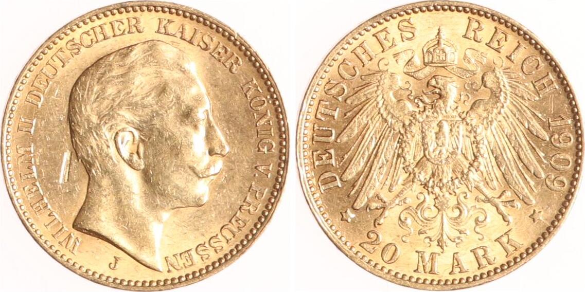 Preussen 20 Mark 1909 J Wilhelm II. 1888-1918. Sehr schön - vorzüglich, Kratzer | MA-Shops