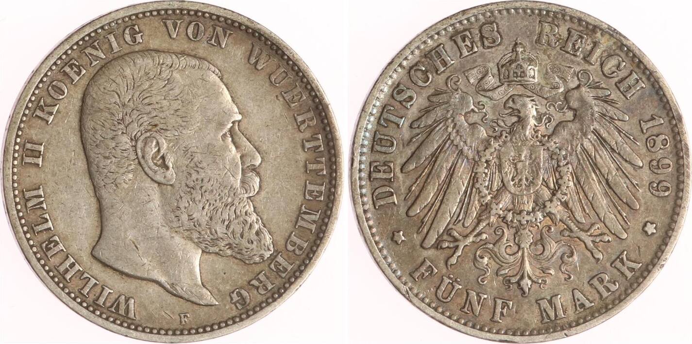Württemberg 5 Mark 1899 F Wilhelm II. 1891-1918. Sehr schön | MA-Shops