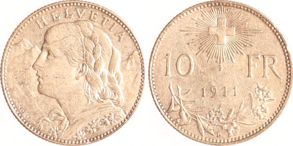 Schweiz 10 Franken 1911 B Vreneli. Vorzüglich | MA-Shops
