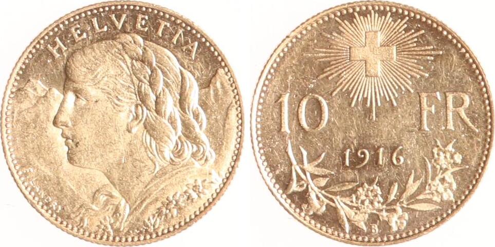 Schweiz 10 Franken 1916 B Vreneli. Vorzüglich | MA-Shops