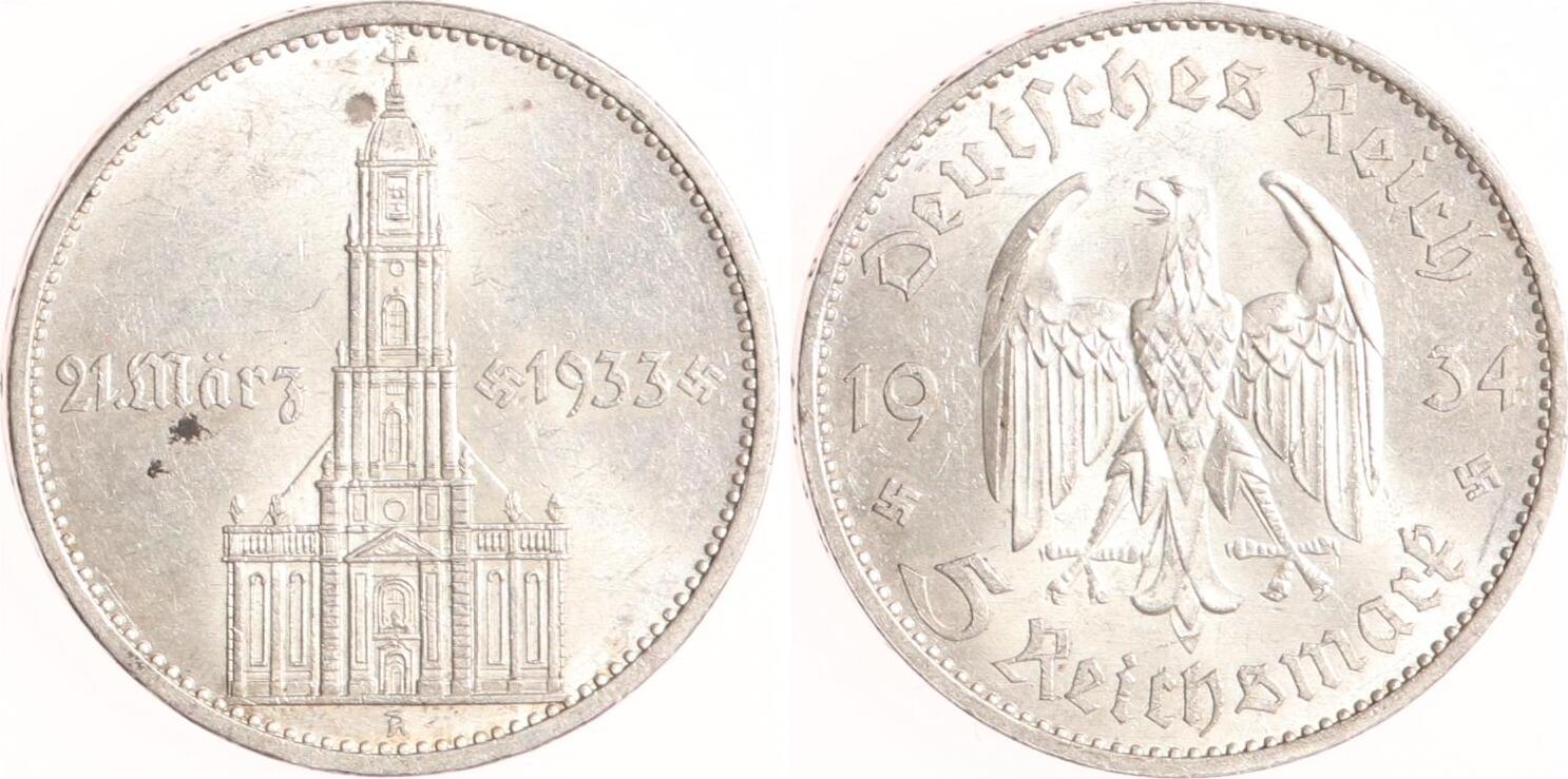 Drittes Reich 5 Reichsmark 1934 A Garnisonkirche mit Datum. Vorzüglich ...