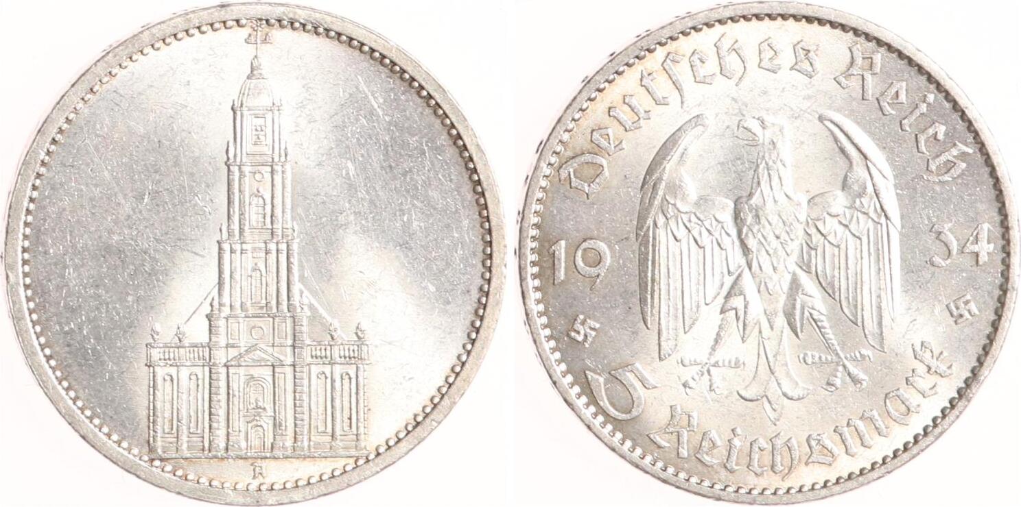 Drittes Reich 5 Reichsmark 1934 A Garnisonkirche ohne Datum. Vorzüglich ...