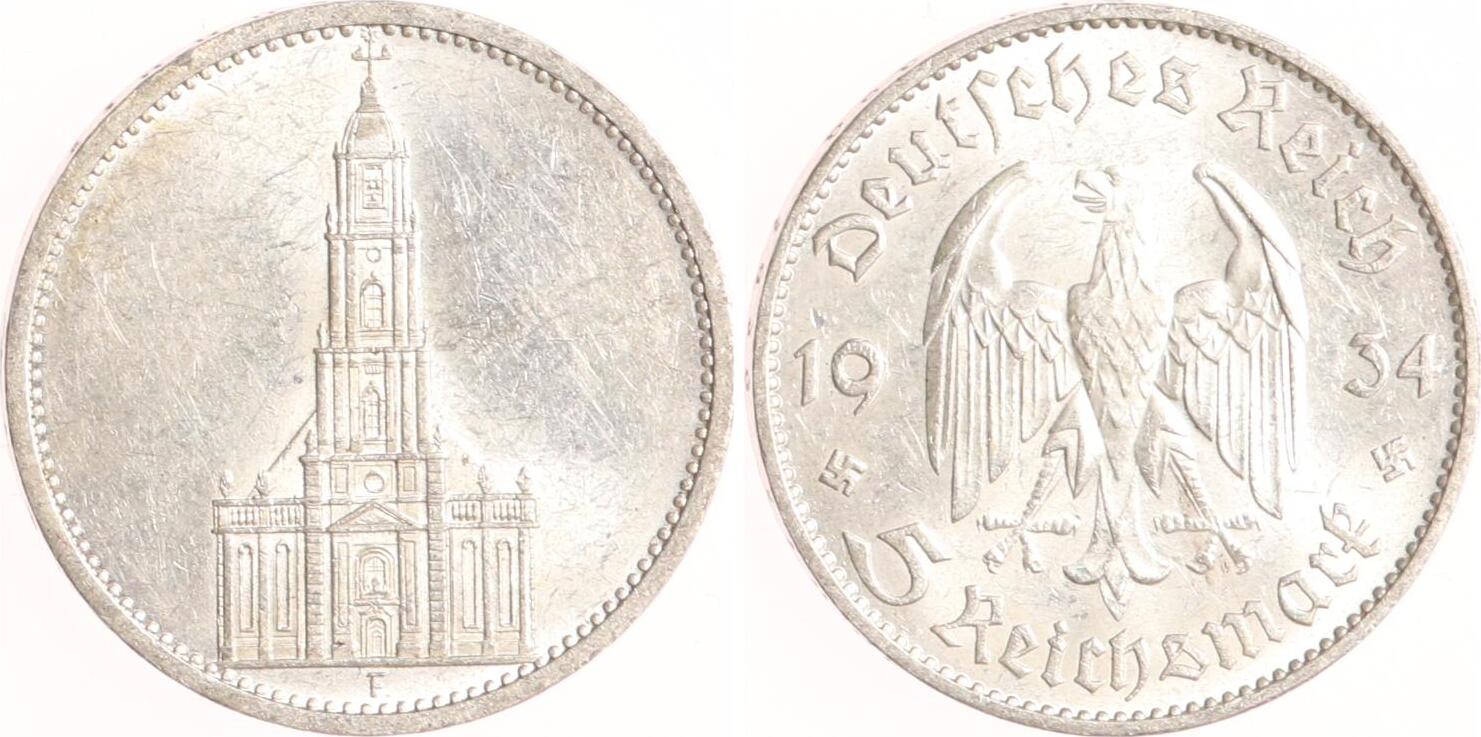 Drittes Reich 5 Reichsmark 1934 F Garnisonkirche ohne Datum. Vorzüglich ...