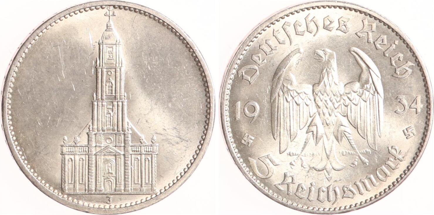 Drittes Reich 5 Reichsmark 1934 J Garnisonkirche ohne Datum. Fast ...