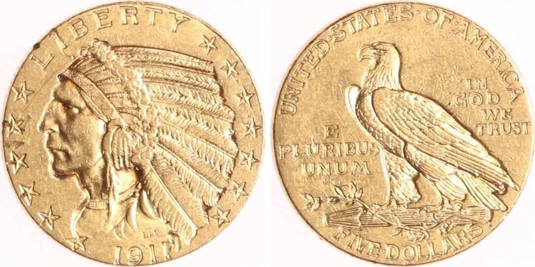 USA 5 Dollars 1911 Indian Head. Sehr schön - vorzüglich, winziger Schrötlingsfehler | MA-Shops