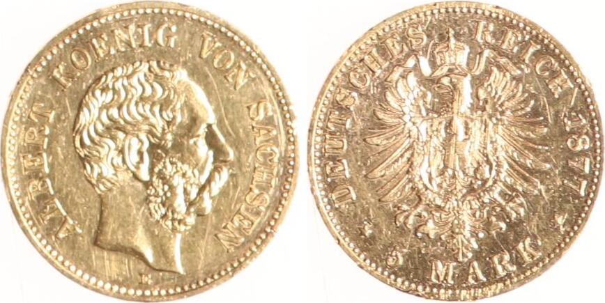 Sachsen 5 Mark 1877 E Albert 1873-1902. Sehr schön - vorzüglich ...
