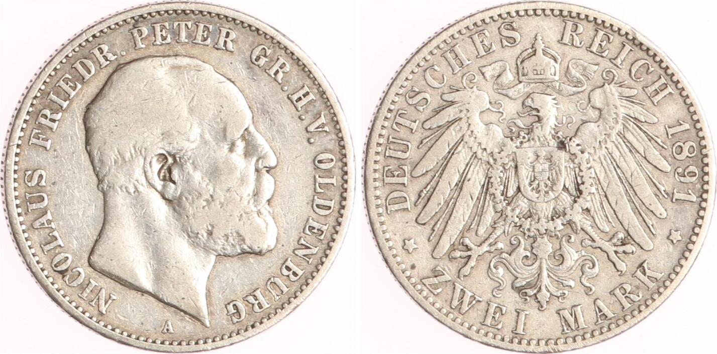 Oldenburg 2 Mark 1891 A Nicolaus Friedrich Peter 1853-1900. Sehr schön | MA-Shops
