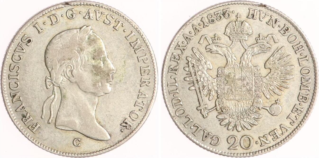 Österreich 20 Kreuzer 1833 C Franz I. 1804-1835. Sehr schön - vorzüglich | MA-Shops
