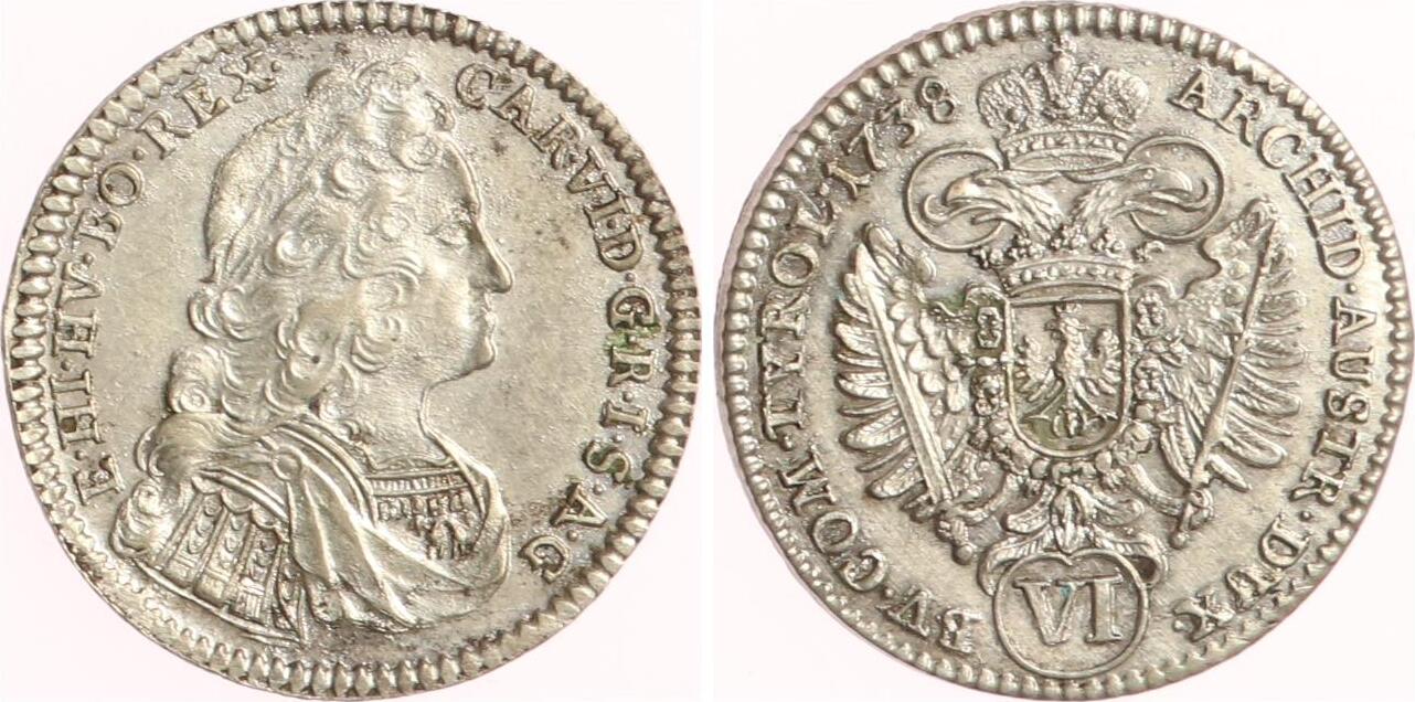Römisch-Deutsches-Reich 6 Kreuzer 1738 Karl VI. 1711-1740. Vorzüglich ...