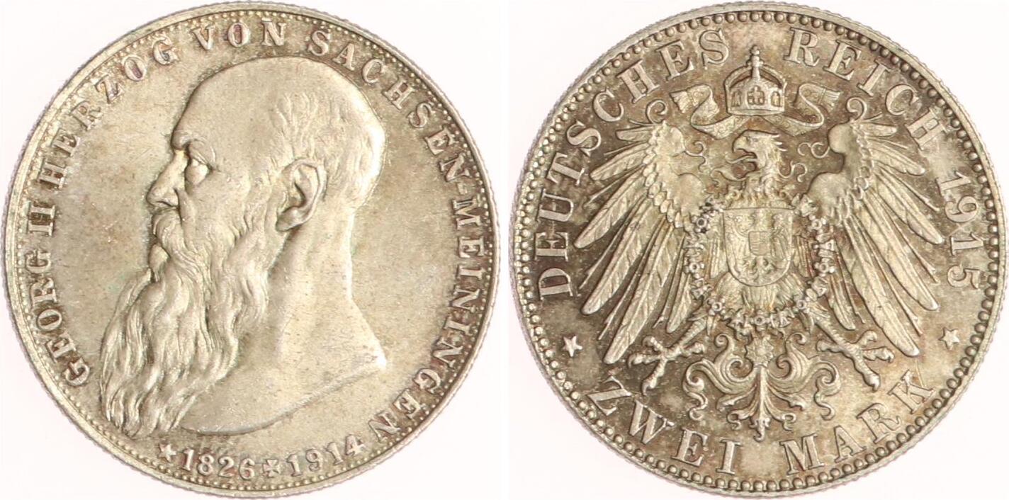 Sachsen-Meiningen 2 Mark 1915 (D) Georg II. 1866-1914. Fast Stempelglanz, schöne Patina | MA-Shops