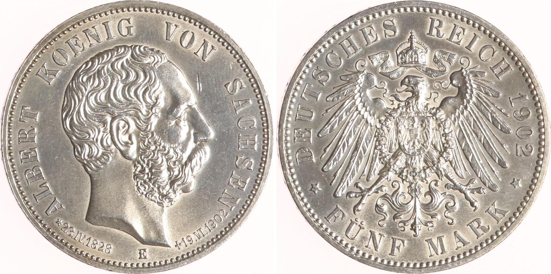 Sachsen 5 Mark 1902 E Albert 1873-1902. Vorzüglich, winziger Kratzer ...