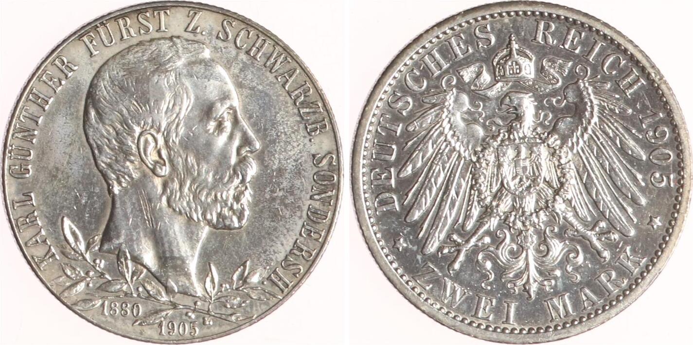 Schwarzburg-Sondershausen 2 Mark 1905 (A) Karl Günther 1880-1909. Sehr schön - vorzüglich ...