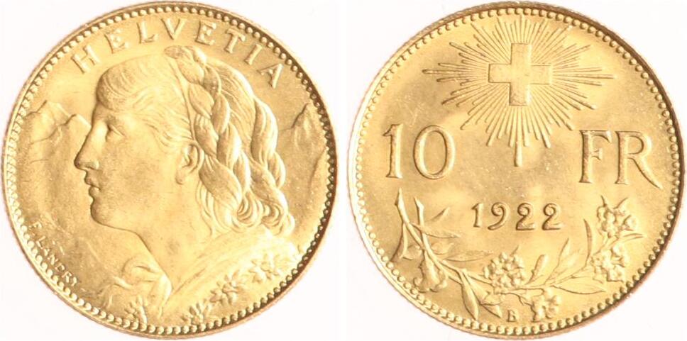 Schweiz 10 Franken 1922 B Vreneli. Fast Stempelglanz | MA-Shops