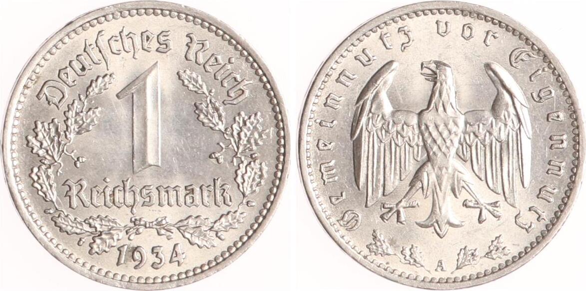 Drittes Reich 1 Reichsmark 1934 A Fast Stempelglanz | MA-Shops