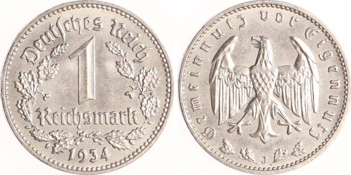 Drittes Reich 1 Reichsmark 1934 J Fast Stempelglanz | MA-Shops
