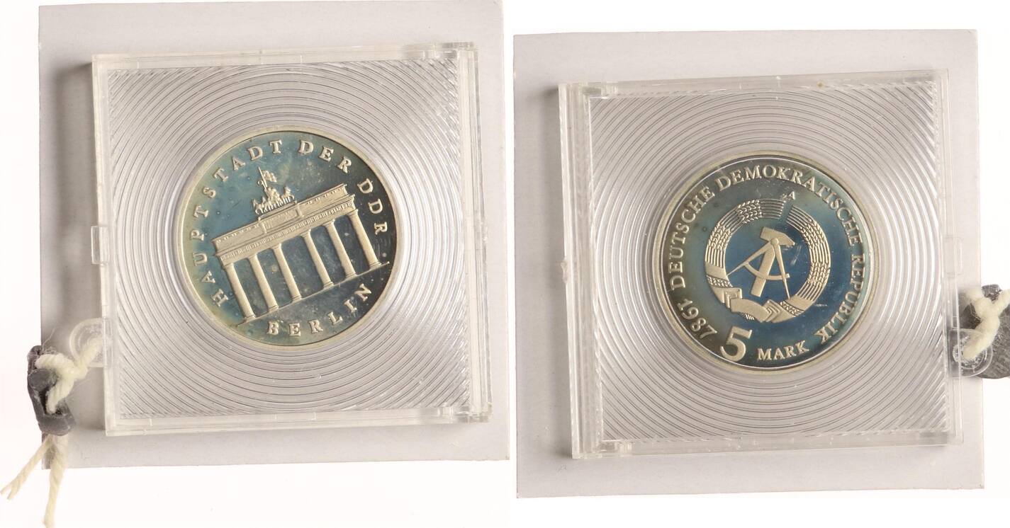 DDR 5 Mark 1987 A Brandenburger Tor. Polierte Platte, originalverplombt ...