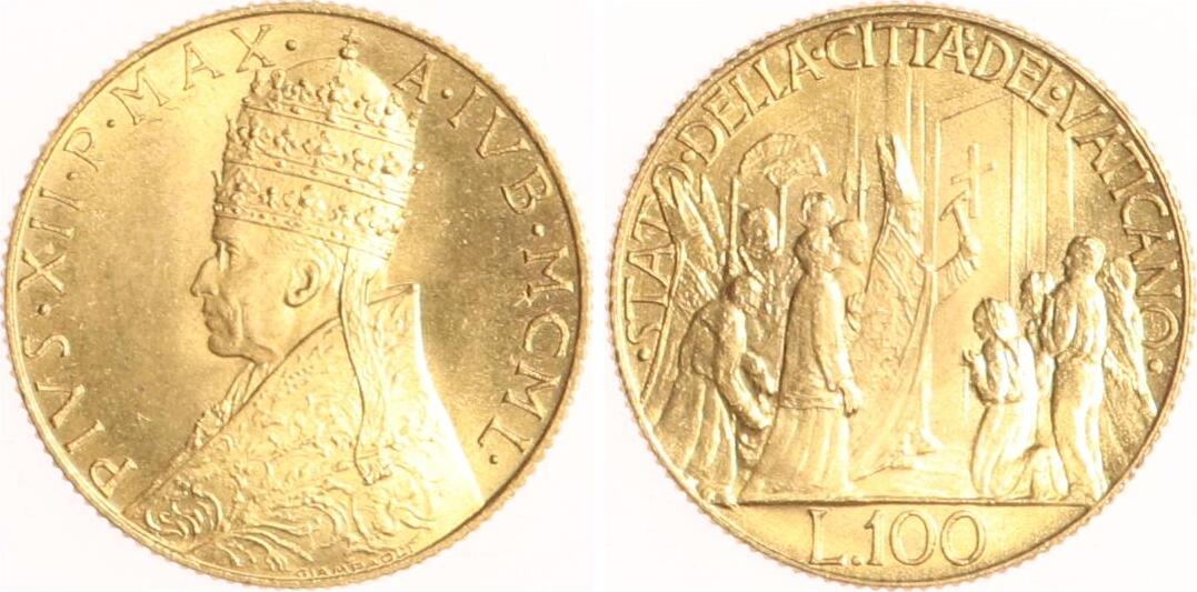 Vatikan 100 Lire 1950 Pius XI. 1922-1939. Vorzüglich | MA-Shops