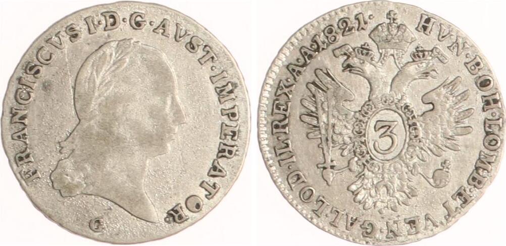 Österreich 3 Kreuzer 1821 G Franz II. (I.) 1792-1835. Fast sehr schön | MA-Shops