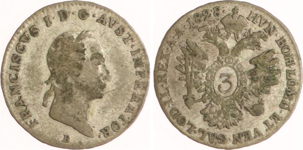 Österreich 3 Kreuzer 1828 B Franz II. (I.) 1792-1835. Fast sehr schön | MA-Shops