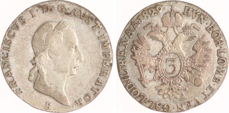 Österreich 3 Kreuzer 1829 B Franz II. (I.) 1792-1835. Sehr schön | MA-Shops