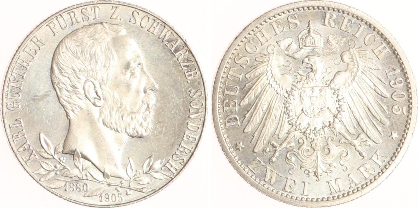 Schwarzburg-Sondershausen 2 Mark 1905 (A) Karl Günther 1880-1909. Fast Stempelglanz | MA-Shops